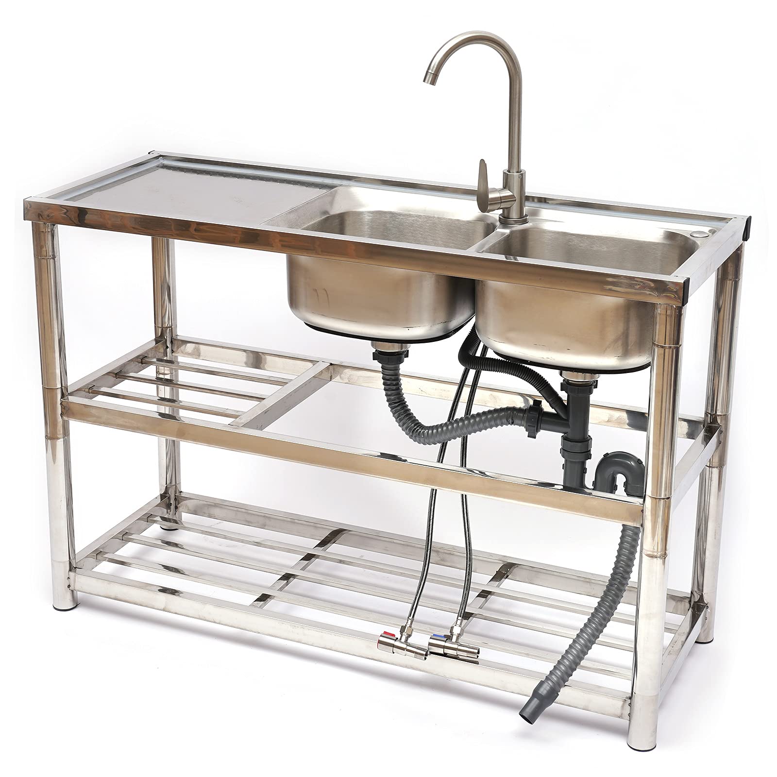 Commercial Kitchen Utility Sink with Prep Table, Free Standing Stainless Steel Double Bowl Kitchen Sink Set with Faucet and Drainboard Indoor Outdoor Rectangular Catering Sink 47.24x31.88x17.71inch