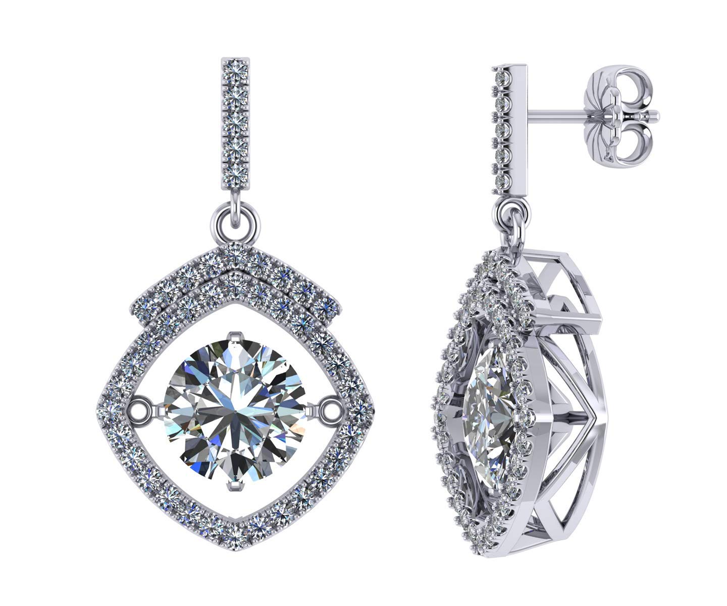 Central Diamond Center Square Halo Dancing Gemstone Dangle Earrings Sterling Silver with Pure Brilliance CZ, Platinum Plated