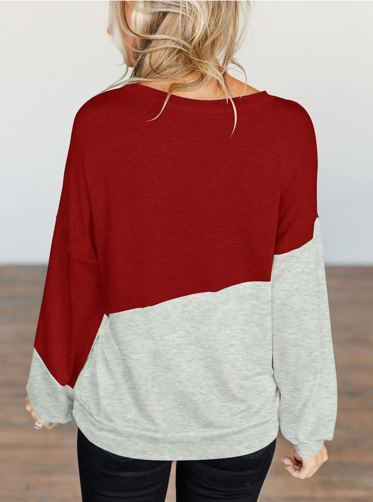 Dbtanjy Womens Casual Sweatshirt Relaxed Pullover - Long Sleeve Color Block Tops Loose Fitting Crew Neck Shirts(Red,Small,Small)