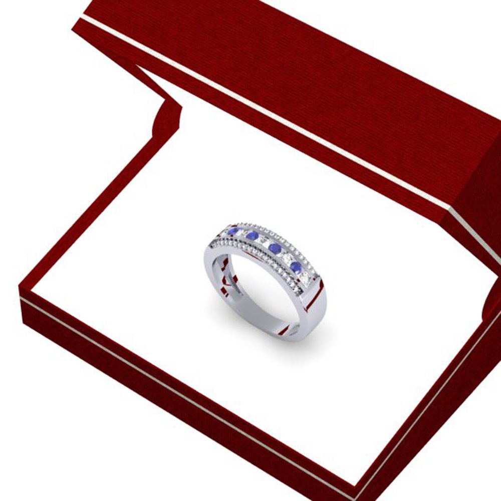 Dazzlingrock Collection 14K Round Blue Sapphire & White Diamond Women Anniversary Band, White Gold, Size 6