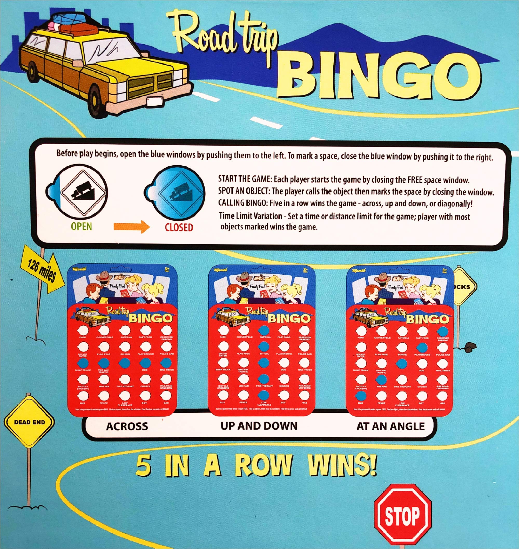 Toysmith Road Trip Bingo Cards Red, Blue, Green & Orange Gift Set Travel Bundle with Bonus Matty's Toy Stop Storage Bag - 4 Pack