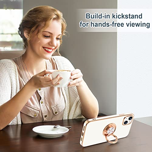 Hython Case for iPhone 14 Case with Ring Stand [360° Rotatable Ring Holder Magnetic Kickstand] [Support Car Mount] Plated Gold Edge Slim Soft TPU Luxury Shockproof Protective Phone Case Cover, White