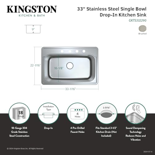 Kingston Brass Gourmetier GKTS332290 Studio Self Rimming Single Bowl Sink, 33-Inch L x 22-Inch W x 9-Inch H, Brushed Stainless Steel