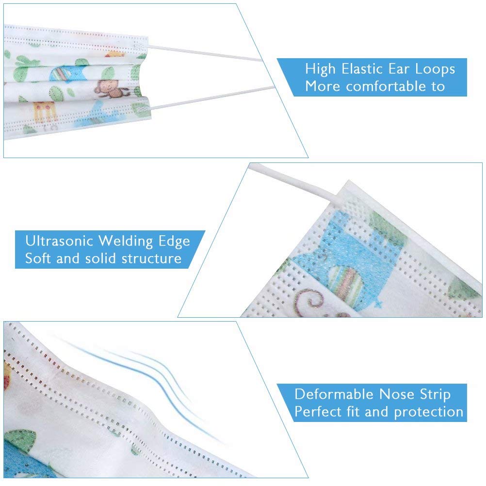 Children Disposable Face Mask - 3Ply Filter No-woven Disposable Face Mask for Kids, Breathable Protective Safety Masks (4 Pattern, 50pcs)