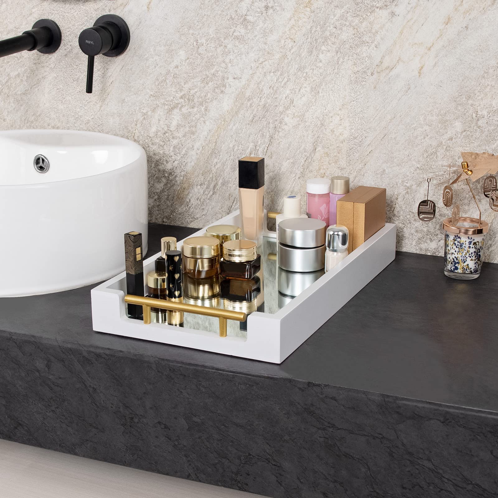 Elegant White Serving Tray with Gold Handles,Mirror Tray for All Occasion's-Serving Trays forParty, Kitchen, Entertaining,Living Room,Ottoman,Bathroom,Outdoors