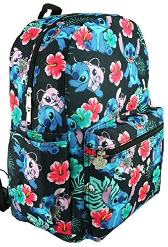 Lilo and Stitch 16 Inch Allover Print Backpack with Laptop Sleeve (Black W/Side Pockets)