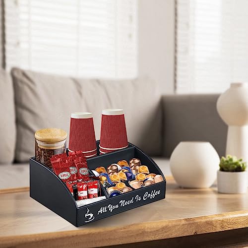 Militwo PU Leather Coffee Station Organizer, Countertop Coffee Bar Accessories Tea Bag Organizer Coffee Pods Drawer Holder and Organizer for Coffee Bar Decor, Coffee Lovers Gift Black