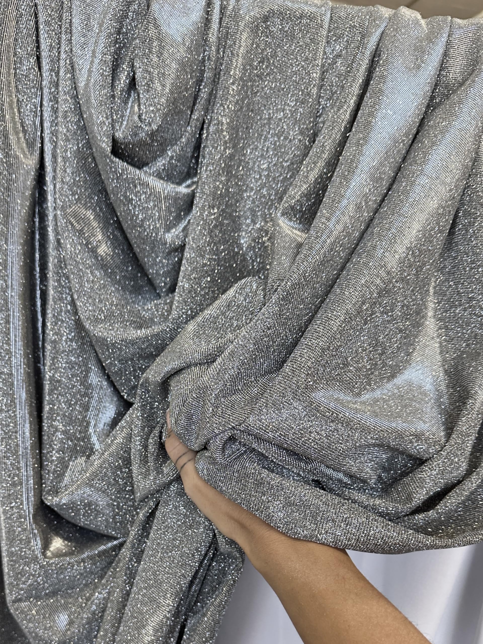 Glittering Lurex Fabric - Shimmer and Shine with Metallic Sparkle - Fashion Fabric by The Yard - for Crafting and Embroidery - Polyester Stretch Fabric - 1 Yard (Stretch Silver)