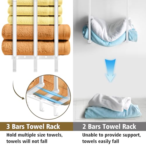 Kayfia Towel Racks for Bathroom Wall Mounted, Bathroom Tool Storage with Metal Shelf & 3 Hooks, Upgrade 3 Bars Towel Holder Wall Can Hold Up to 7 Large Bath Towels, Sturdy and Large Capacity, White