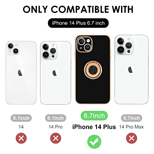 Hython Case for iPhone 14 Plus Case with Ring Stand [360° Rotatable Ring Holder Magnetic Kickstand] [Support Car Mount] Plated Gold Edge Soft TPU Luxury Shockproof Protective Phone Case Cover, Black