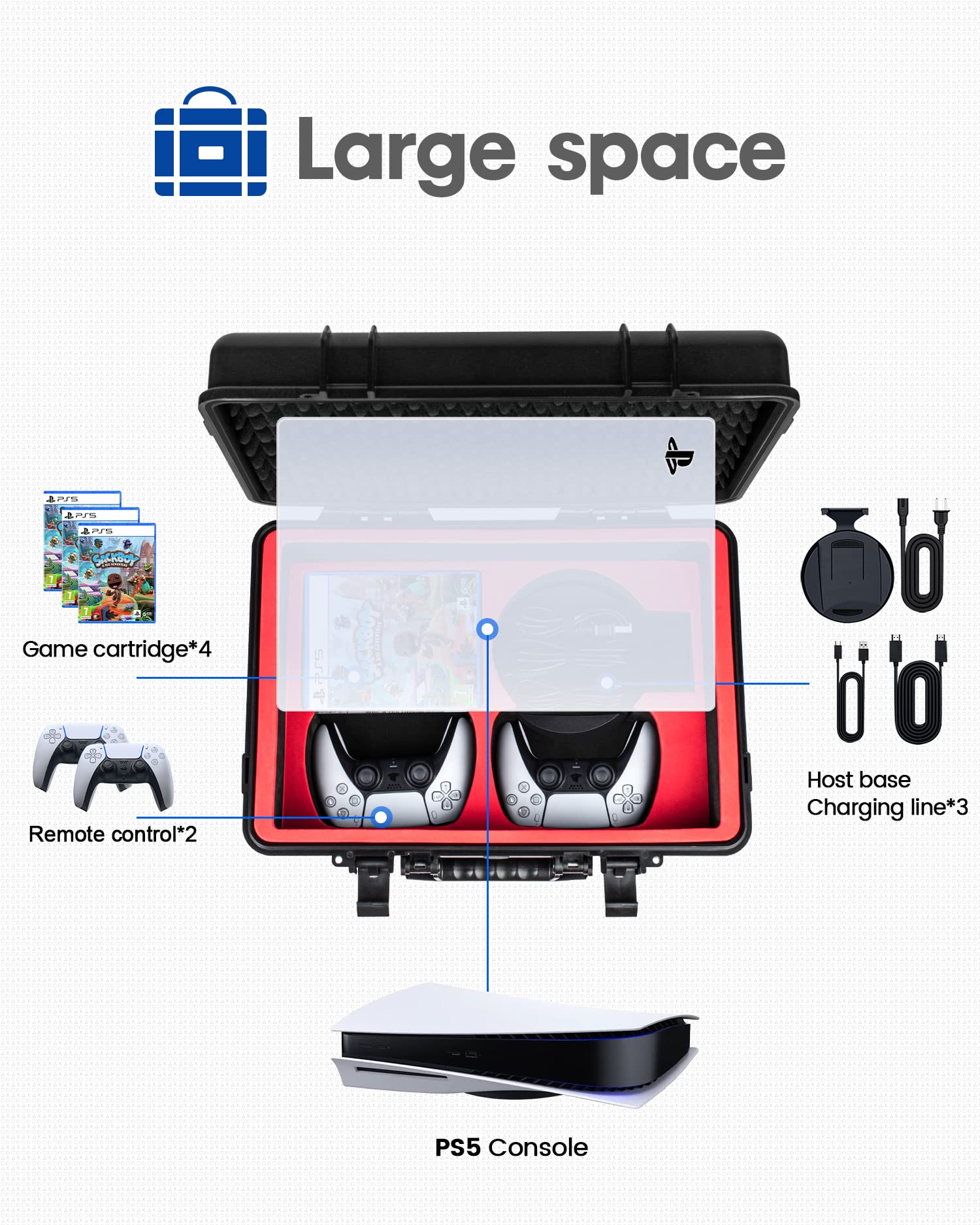 DEVASO Hard Shell Travel Case for PS5, Shock-Absorbing Protection Travel Waterproof Carrying Case for PlayStation 5 Console, Headset, Controllers and Other Accessories