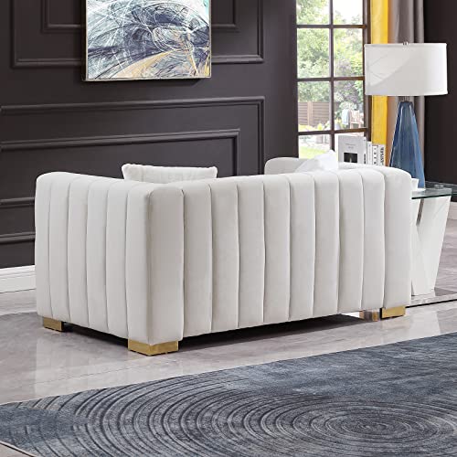 kevinplus 62.6'' Loveseat Chesterfield Sofa Couch for Living Room, Velvet Modern 2-Seat Upholstered Sofa Couch for Apartment Bedroom Dorm Office, Strong Gold Metal Legs, 2 Pillows, White