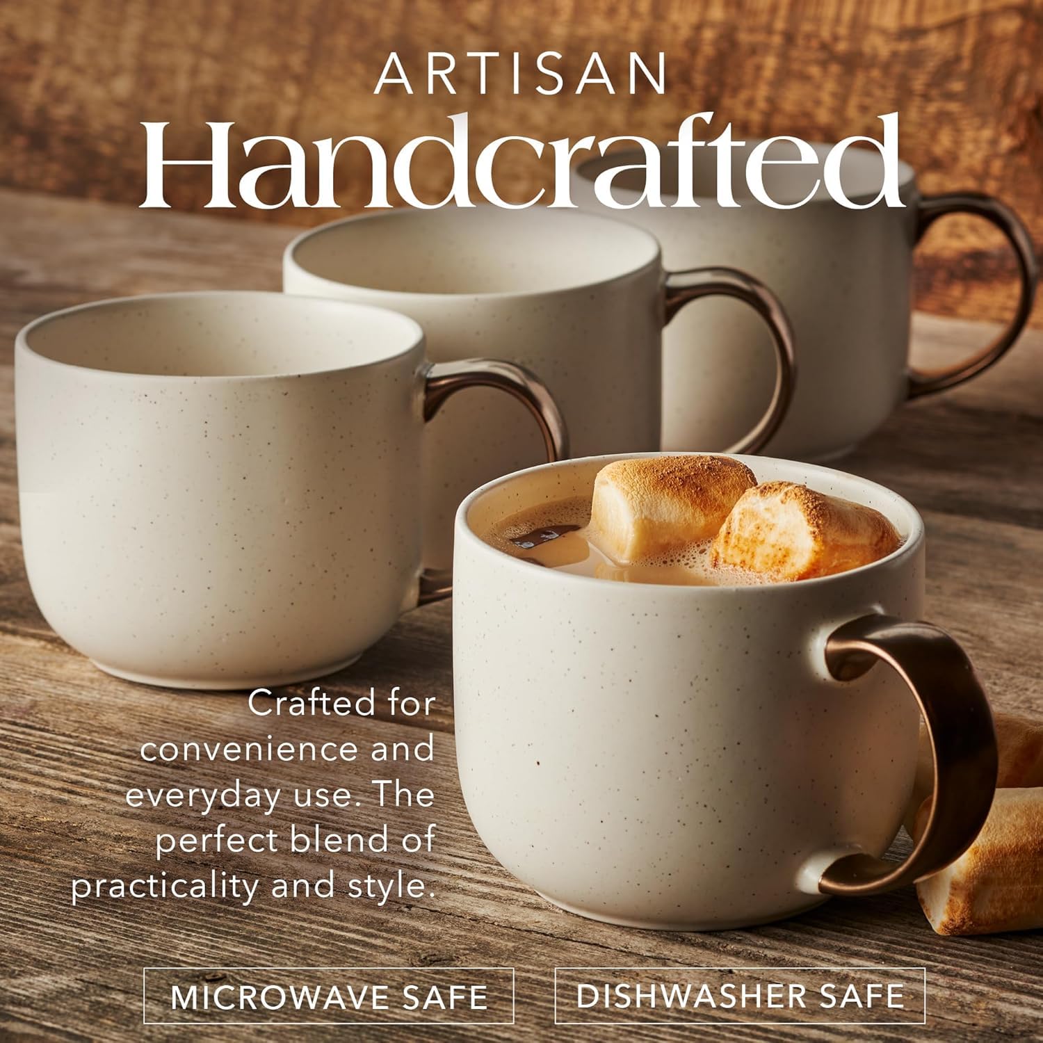 Maison Neuve Luna Collection Stoneware Mug Set of 4-19 oz Round Ceramic Mug Set for Hot Tea & More - Stoneware Coffee Mugs - Microwave & Dishwasher Safe - Modern Coffee Mug Gift - Cream/Bronze
