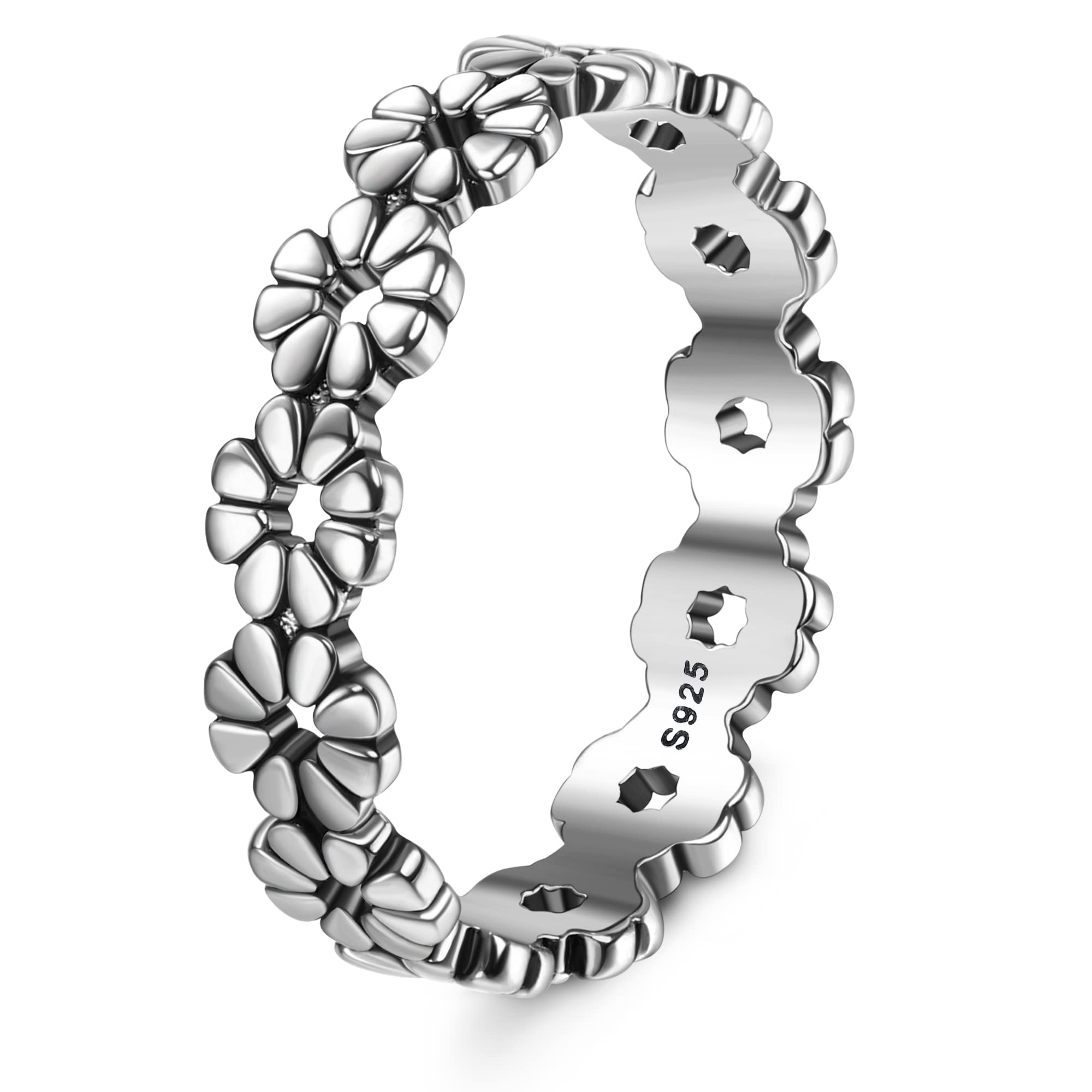 Diamday 925 Sterling Silver Ring Retro Daisy Rings for Women Daisy Flower Hawaiian Ring High Polish Flower Rings Comfort Fit Flower Stacking Band Ring Dreamland Jewellery Size 9