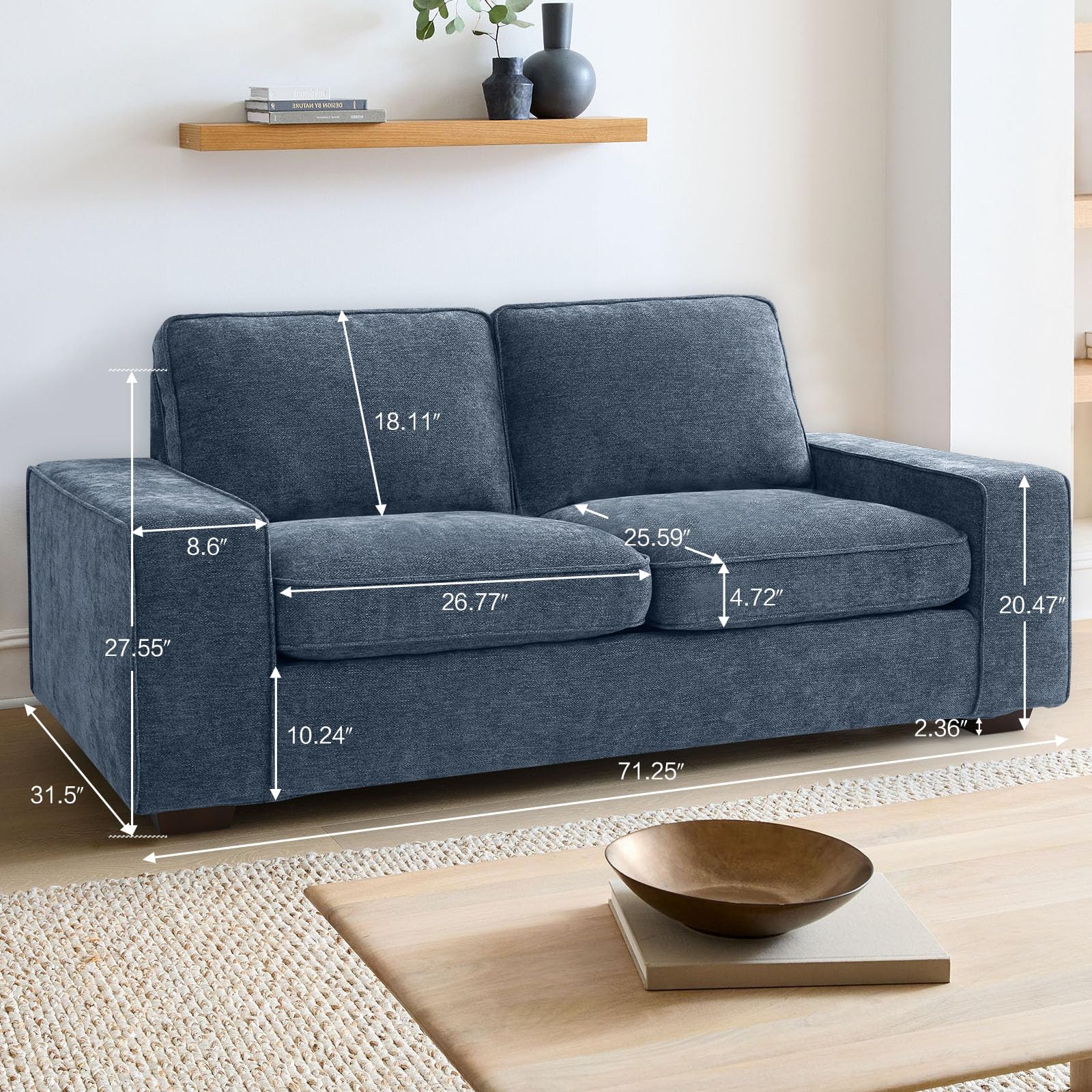 MAEVIS 71.25'' Modern Loveseat Sofa for Living Room Couch with Wide Arm,Fabric Chenille Sofa Couches with Solid Wood Frame for Small Space,Removable Sofa Cushion and Detachable Sofa Cover,Blue