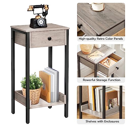 HOOBRO Tall Side Table, Nightstand, End Table with Drawer and Storage Shelf, Industrial End Telephone Table, for Study, Bedroom, Space Saving, Greige and Black BG71BZ01