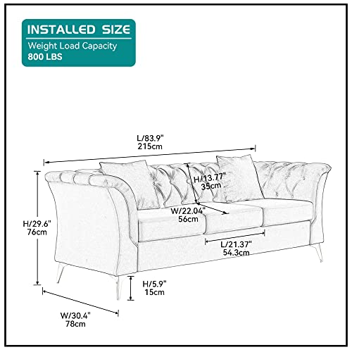 kevinplus 84'' Chesterfield Sofa Couch for Living Room, Modern Velvet 3-Seat Upholstered Sofa Couch for Apartment Bedroom Dorm Office, Strong Gold Metal Legs, 2 Pillows, Grey