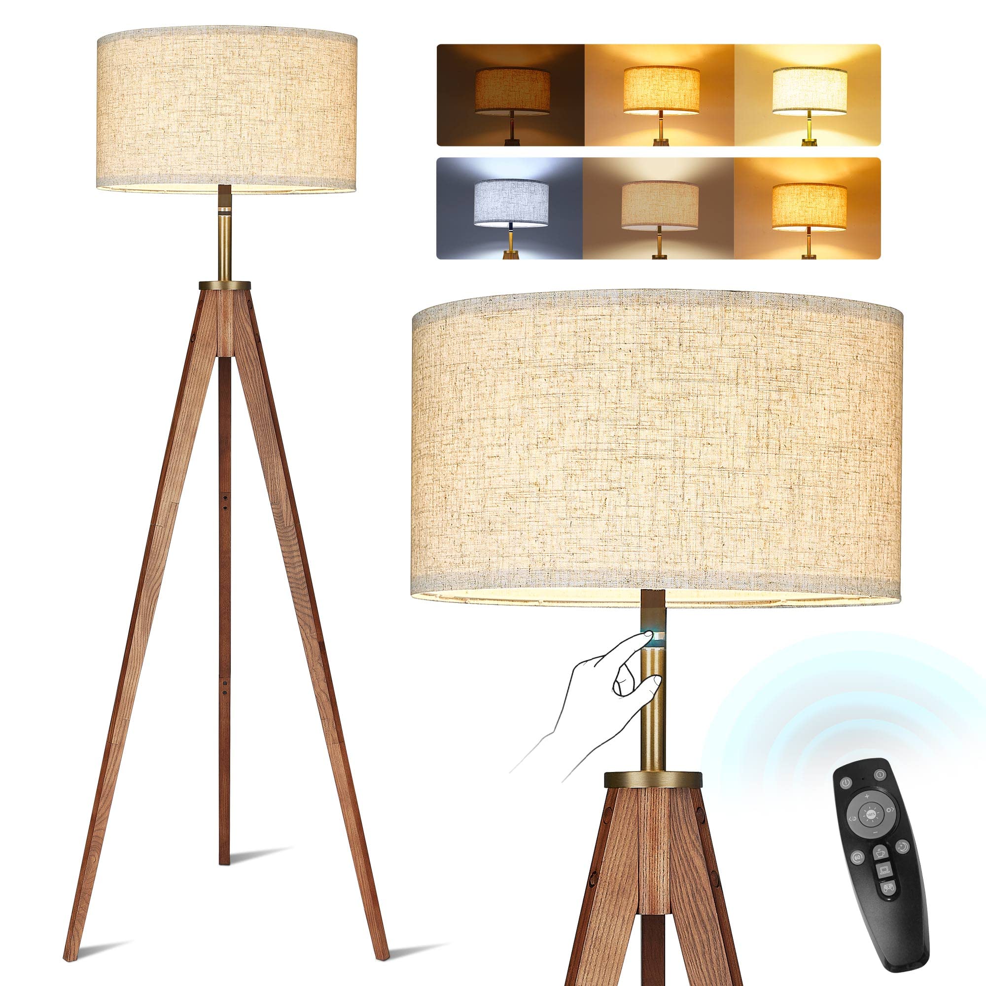 ELYONA Tripod Floor Lamp with Remote for Bedroom, Solid Ash Wood, Stepless Dimmer & Color Temperature LED Bulb Included, Mid Century Modern Touch Control Standing Light for Living Room, Brown