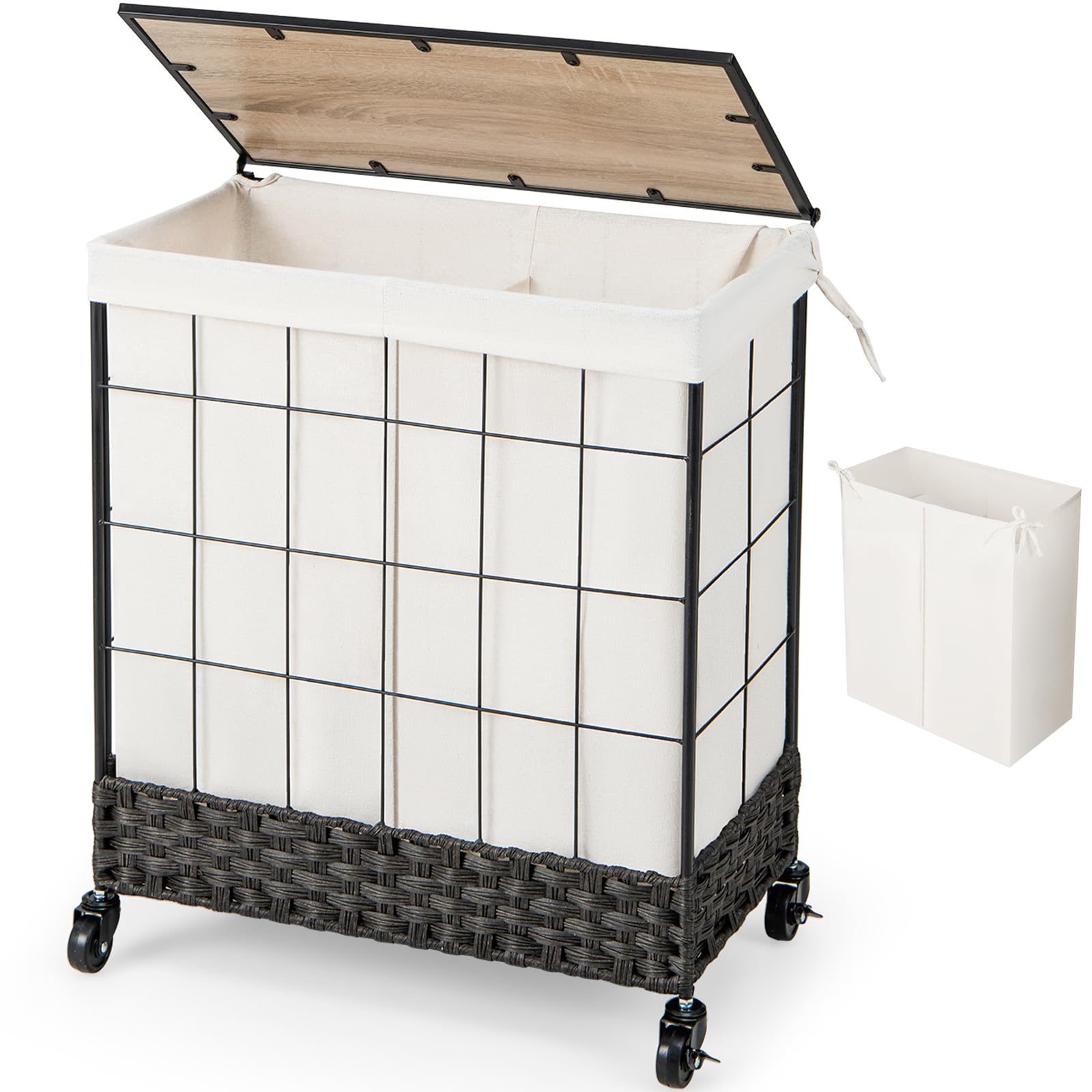 Giantex Laundry Hamper with Wheels and Lid, 110L Heavy Duty Laundry Sorter with Removable Liner Bag & Wood Lid, 2-Section Divided Metal Laundry Basket, Handwoven Rattan Rolling Laundry Basket (Black)