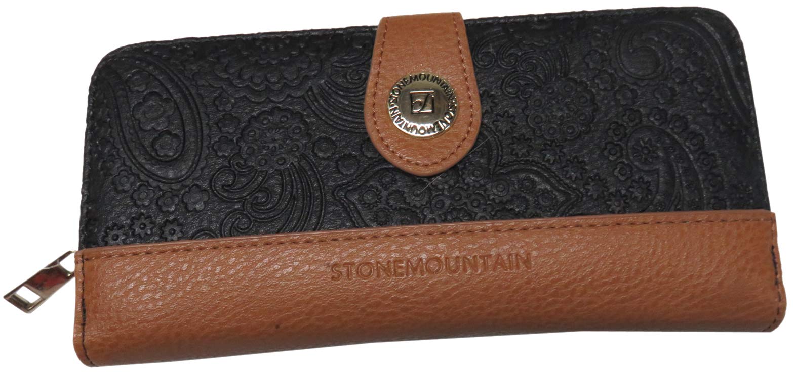 Stone Mountain Embossed Leather Crazy Paisley Checkbook Wallet Black/Tan