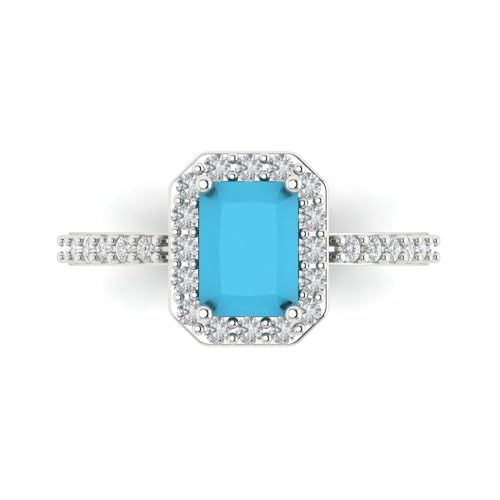 Clara Pucci 2.07 ct Emerald Cut Solitaire Halo Genuine Simulated Turquoise Engagement Promise Anniversary Bridal Ring 18K White Gold 10.5