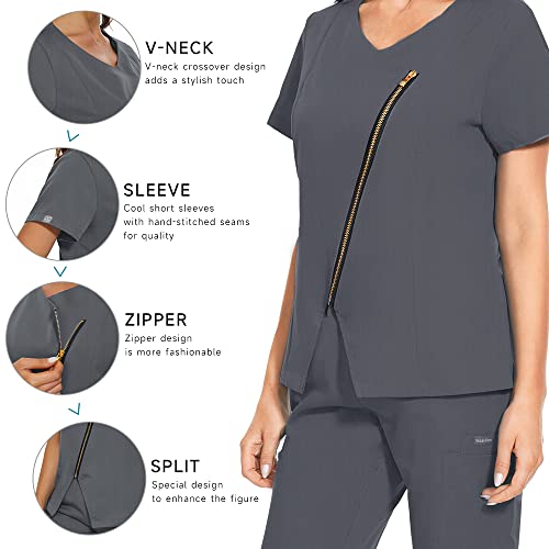 niaahinn Scrubs Top V-Neck with Zipper for Women Originals Women's Mecical Uniform Top (Grey,L,Large)