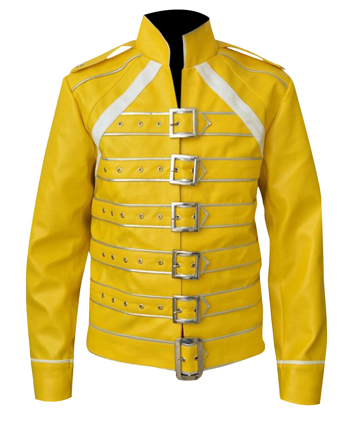 CHICAGO-FASHIONS Mens Freddie Concert Belted Motorcycle Yellow Faux Leather Mercury Costume, Freddie Mercury Jacket, Medium