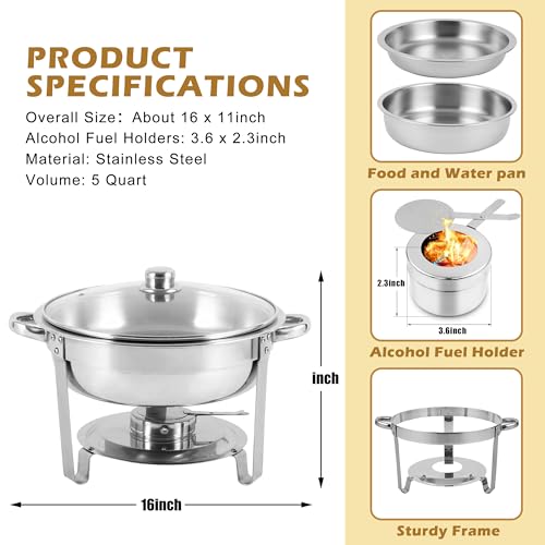 HORESTKIT Chafing Dish Buffet Set Stainless Steel Round Chafers and Buffet Warmers Set with Glass Viewing Lid, 5QT Foldable Complete Food Warmer