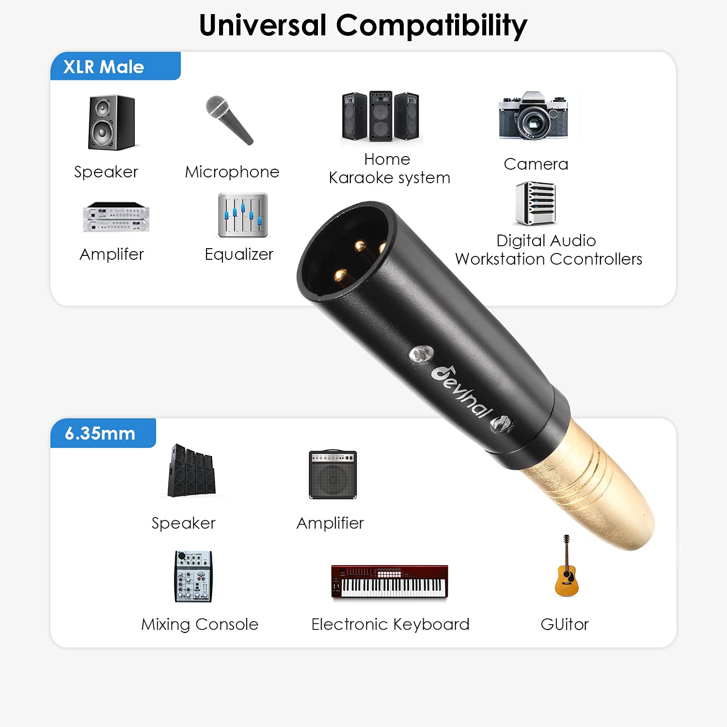 Devinal 1/4" Female to XLR Male Adapter, Upgraded Gold-Plated 6.35mm Female Stereo/Mono to XLR Male Plug Connector