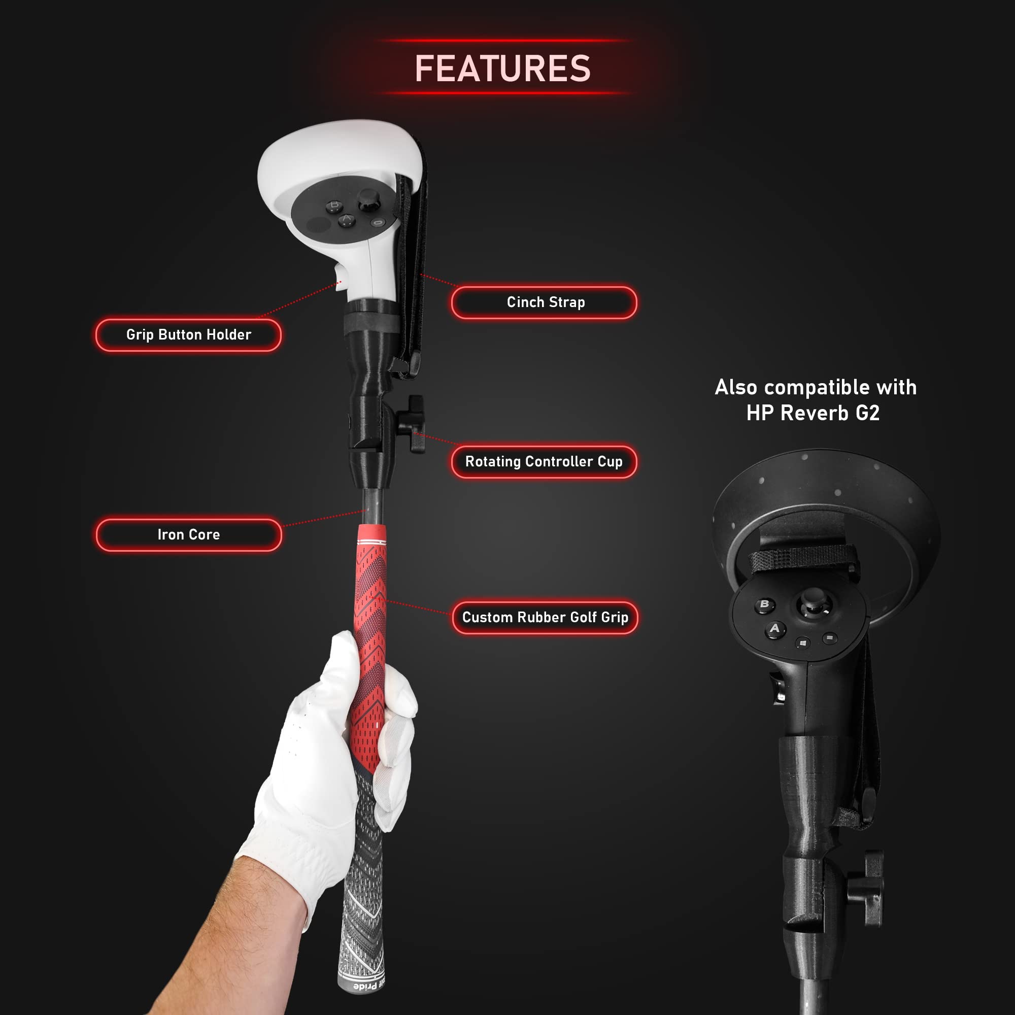DeadEyeVR DriVR Pro - Golf Club Handle Accessory for VR Virtual Reality (Oculus / G2 - Red)