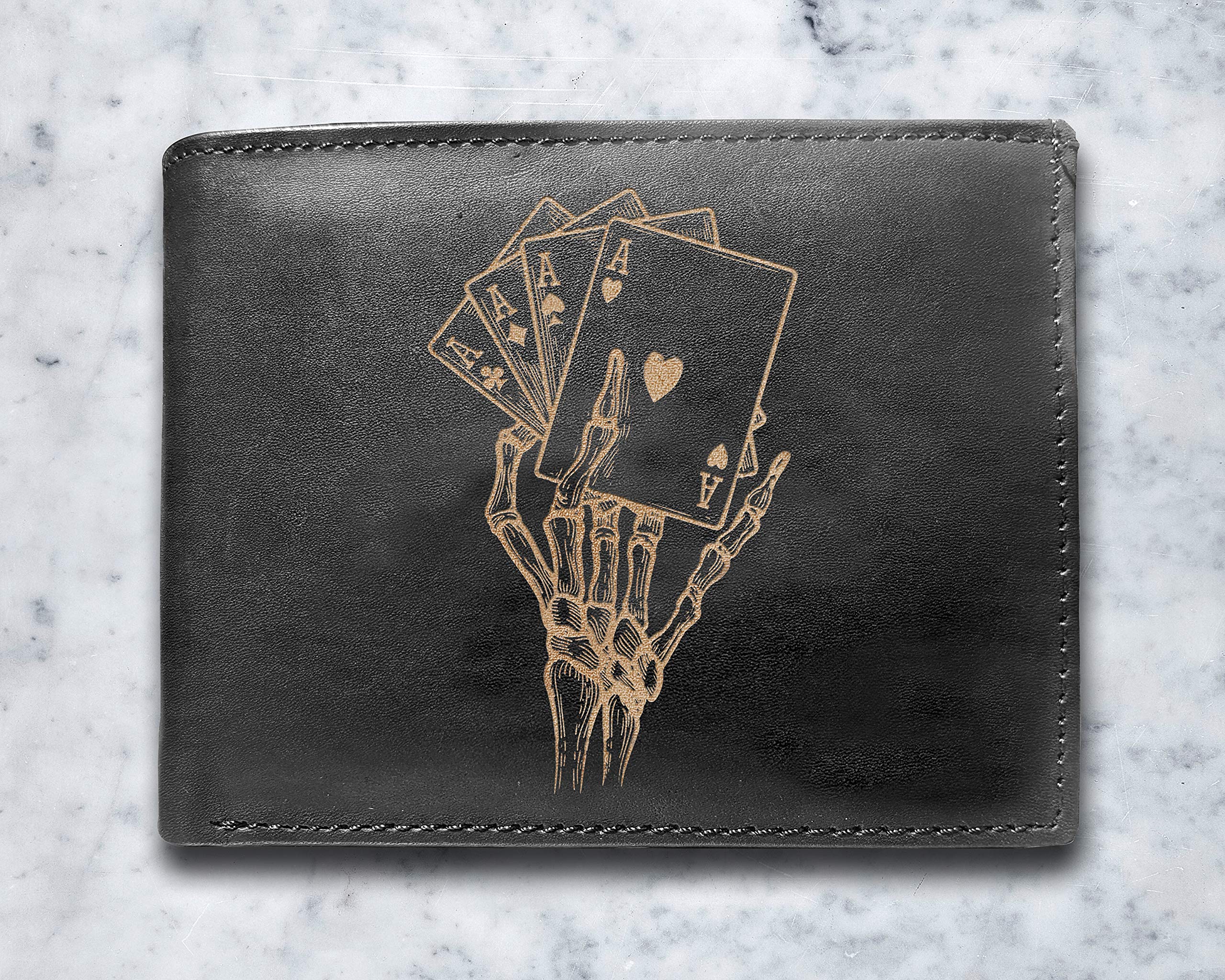 Ten Four Distributions Cowhide Leather Laser Engraved Engraving Slimfold Men Large Capacity Luxury Wallet Purse Minimal Sleek & Slim Black Card Holder Organizer 14 Pocket