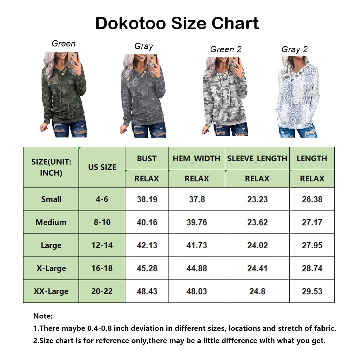 Dokotoo Ladies's Casual Camo Hoodies Long Sleeve Sweatshirt Drawstring V-Neck Pullover Loose Tops Shirts with Kangroo Pocket 2024 Fashion Fall Hooded Sweatshirt Green Large