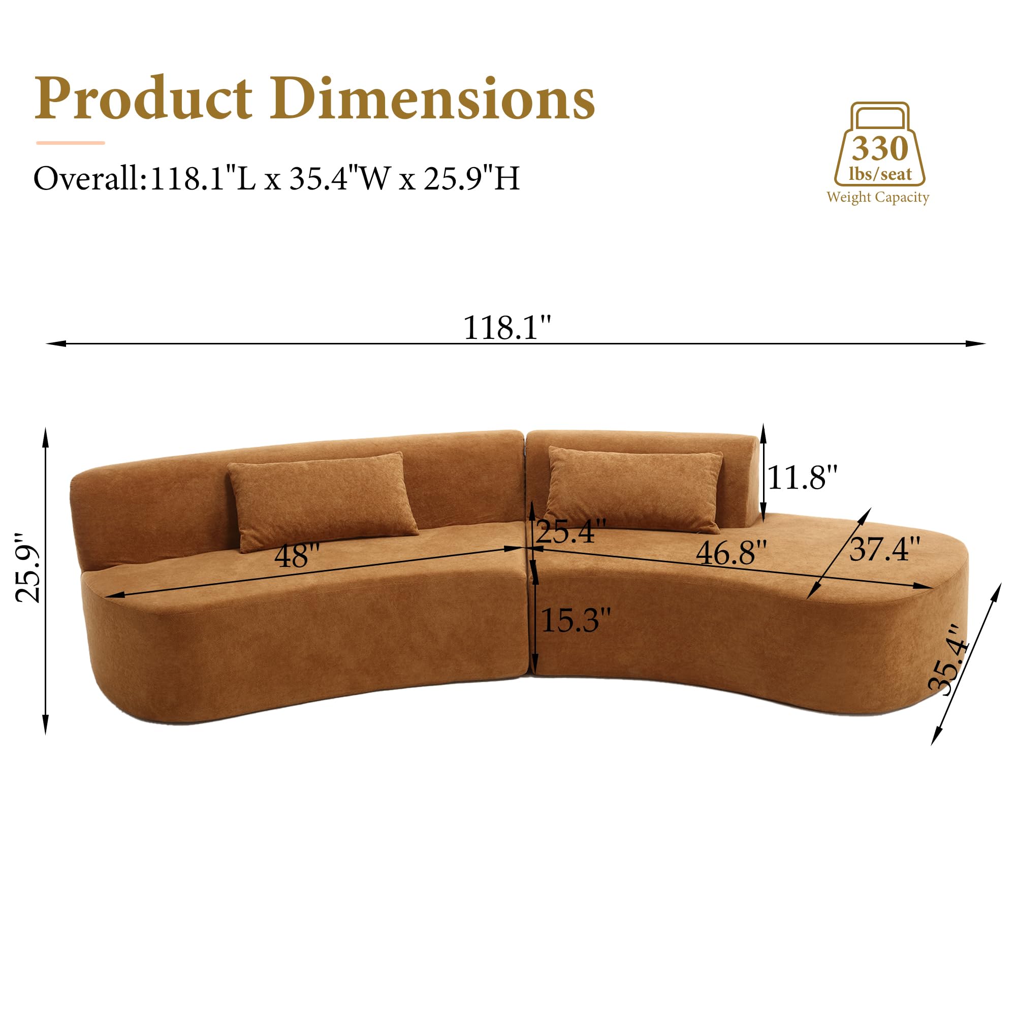 GNIXUU 118.1" Curved Sectional Sofa Couch for Living Room, Minimalist Modern Orange Modular Sectional Sofa, Comfy Cashmere Fabric Cloud Couch with Deep Seat & Chaise for Bedroom, Office