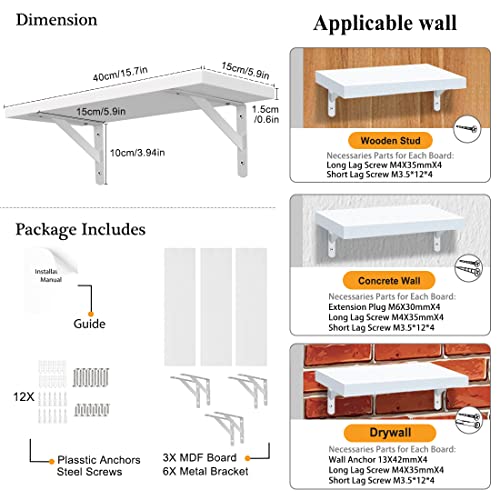 VOGGV Floating Shelves, Wall Shelves with Triangle Brackets, Wall Mounted Floating Shelf Multifunctional Storage Decor for Living-Room, Bathroom, Dining Room, Office, Bedroom, Set of 3, White