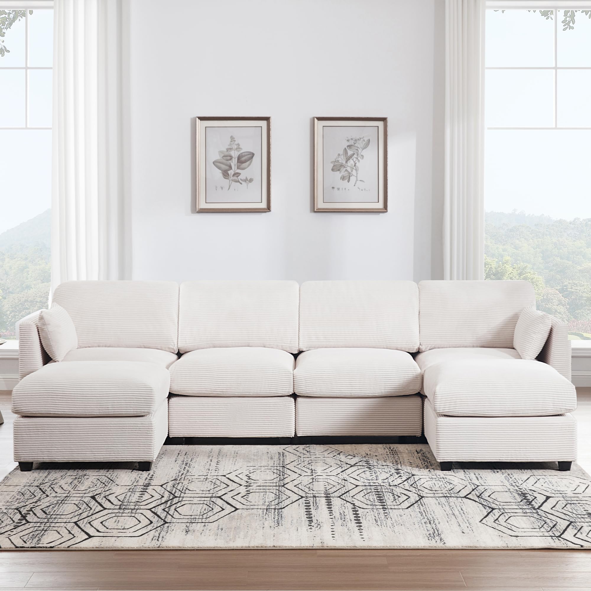 GNIXUU 126" Oversized Convertible Sectional Sofa Couch for Living Room, Corduroy Fabric Upholstered U Shaped Couch, Comfy Modular 6 Seat Sofa with Chaise, Beige
