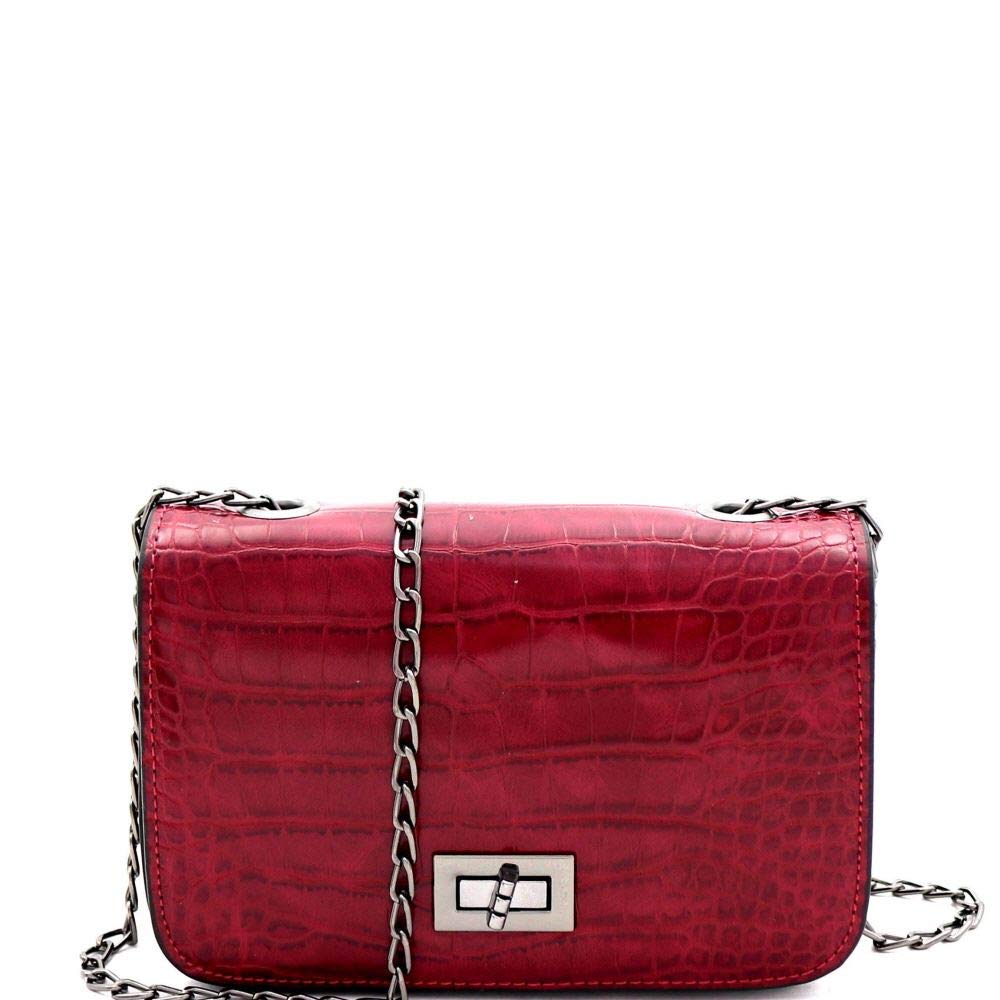 Trendeology Glossy Crocodile Print Vegan Leather Twist Lock Small Boxy Crossbody Clutch Bag