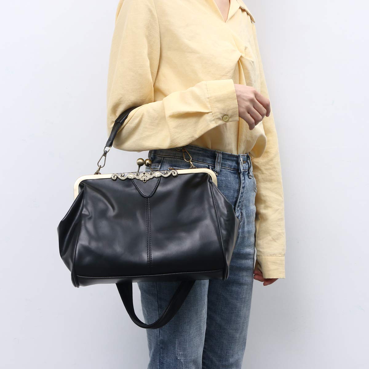 TENDYCOCO Crossbody Bag Kiss Lock Shoulder Bag PU Leather Handbag Clasp Closure for Women