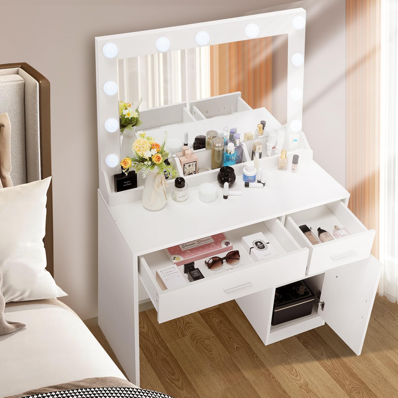 Likein Vanity Desk with Mirror and Lights, Makeup Vanity Desk with Lights, Modern Dressing Table with Charging Station 2 Drawers & Cabinet for Girls Women