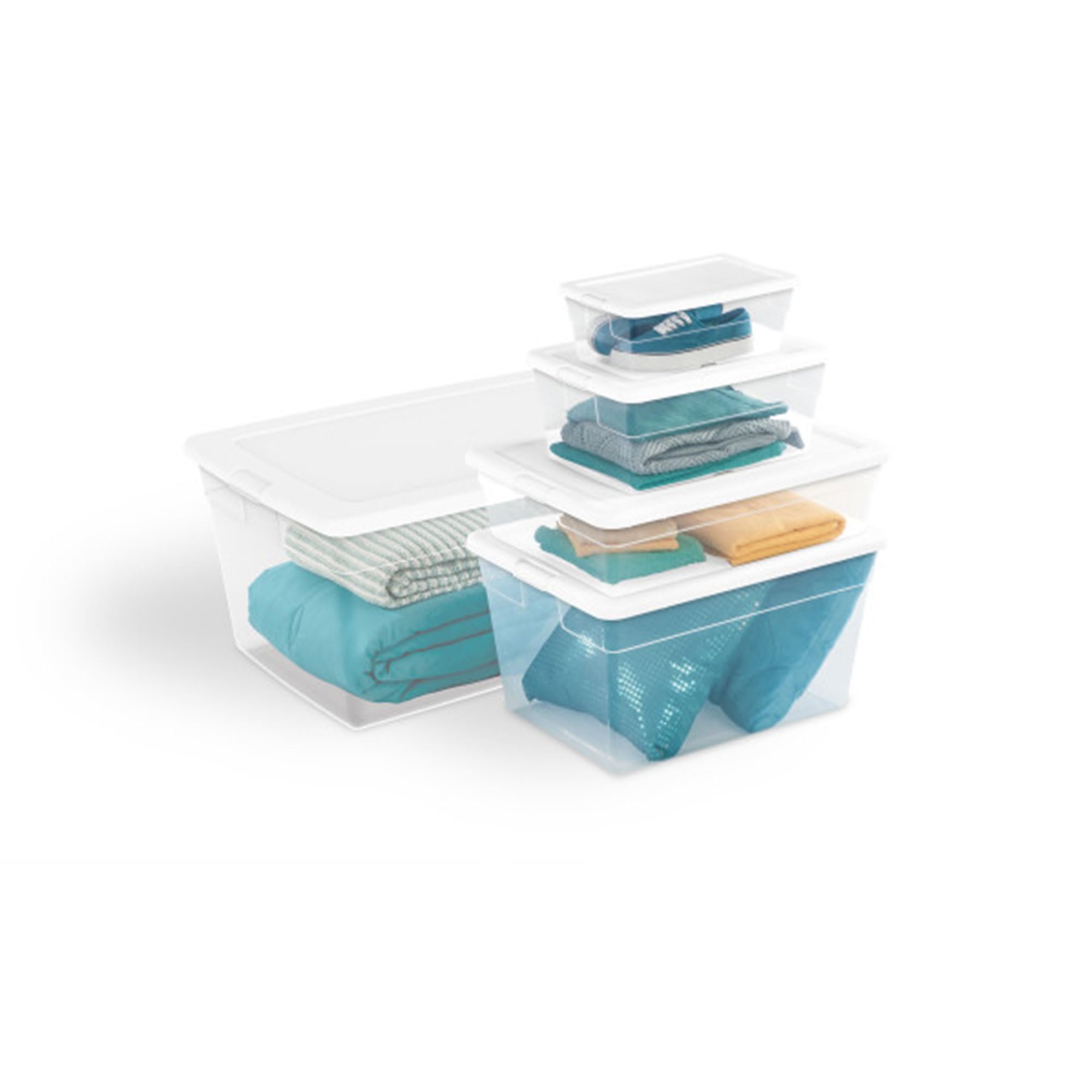 Sterilite 90 Qt Storage Box, Stackable Bin with Lid, Plastic Container to Organize Clothes, Blankets, Towels in Closet, Clear with White Lid, β29.75"L x 13.5"W x 18.75"H, 4-Pack
