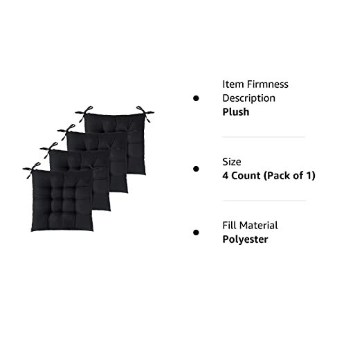 ELFJOY 4 Pack Chair Cushions for Dining Chairs 17x17 inch Seat Cushions for Kitchen Chairs Soft and Comfortable Square Chair Pads with Ties, Black