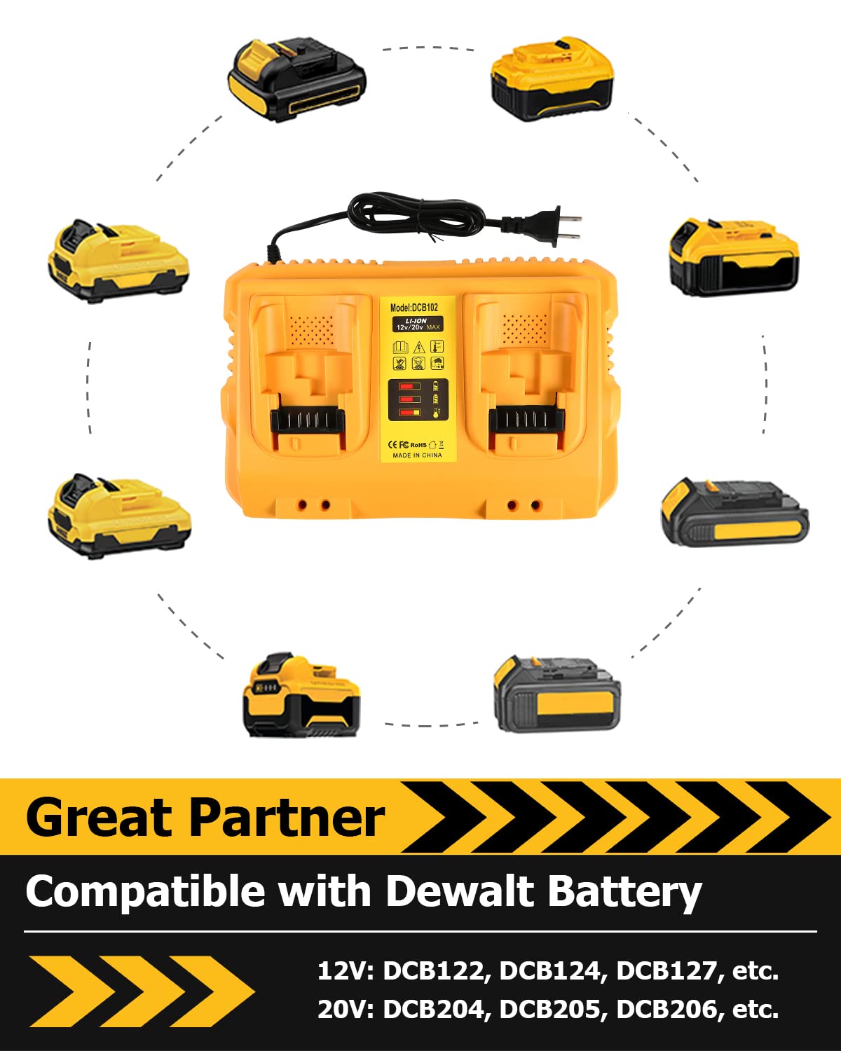 DCB102 Replacement for Dewalt Battery Charger Station Comaptible with Dewalt 12V/20V Battery Charger Work with Dewalt 20V Battery and Tools(Yellow)