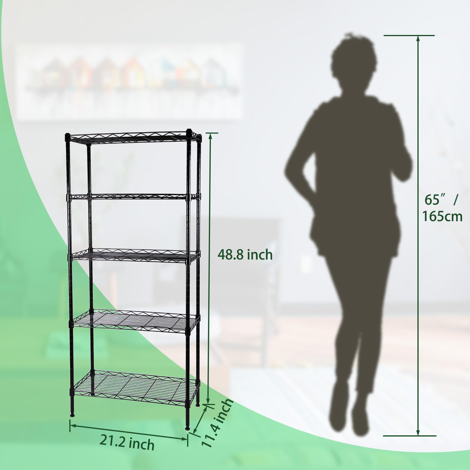 HESESOH 5-Wire Shelving Adjustable Shelves, Standing Storage Shelf for Laundry Bathroom Kitchen Pantry Closet Organization (Glossy Black, 21.2" L x 11.4" W x 48.8" H)