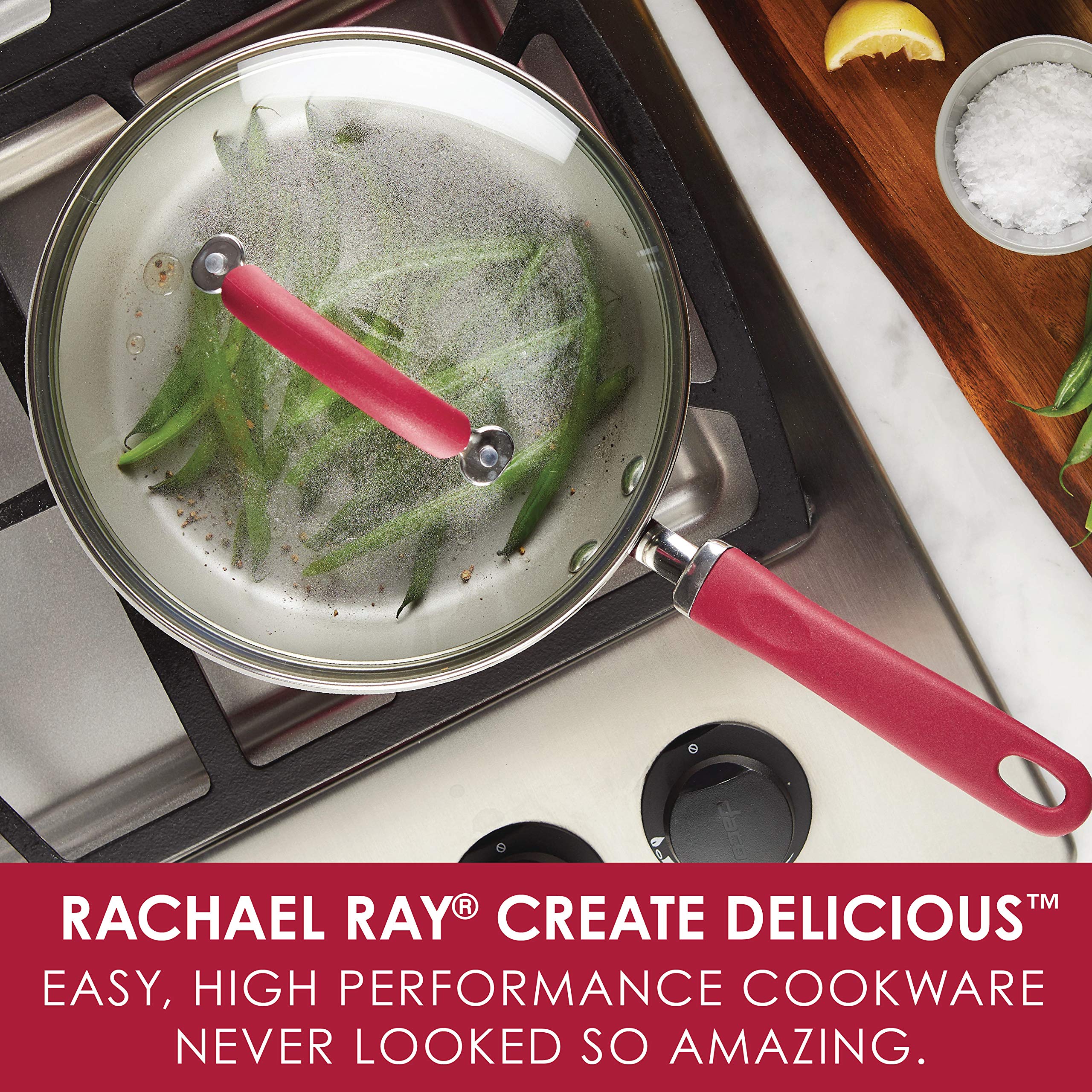 Rachael Ray Create Delicious Deep Nonstick Frying Pan / Fry Pan / Skillet with Lid - 9.5 Inch, Red