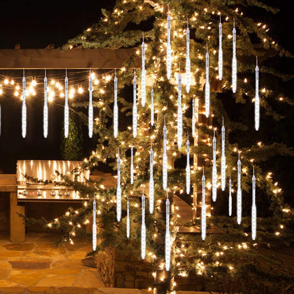 Vikdio Meteor Shower Rain Lights, 30cm 16 Spiral Tubes 480 LEDs 5.25m Lit Length Waterproof Snowfall LED Lights for Wedding Christmas Garden Tree Home Decor, Support 2 Sets Connected (Blue)