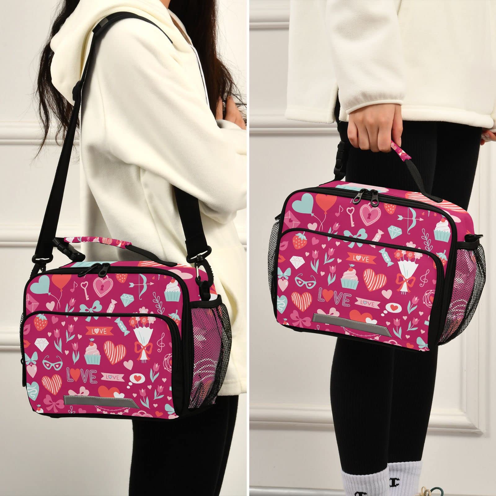 ElliTarr Lunch Box Women Kids Men Insulated Lunch Bag Lunch Tote Bag Large Capacity Leakproof Lightweight Reusable Cooler Bag with Side Pockets and Adjustable Shoulder Strap Love