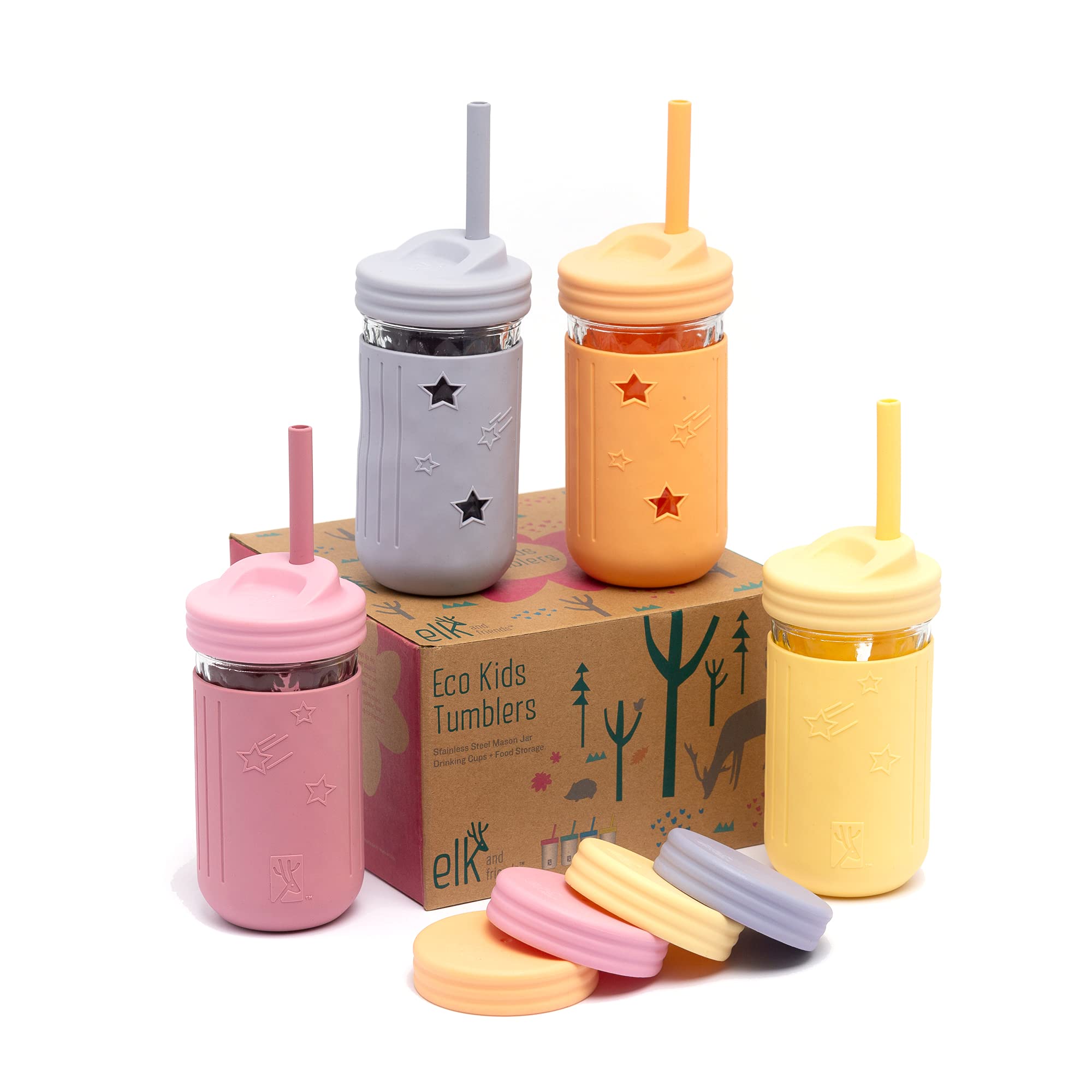 Elk and Friends Kids & Toddler Cups | The Original Glass Mason Jars 12 oz with Silicone Sleeves Straws Smoothie Spill Proof