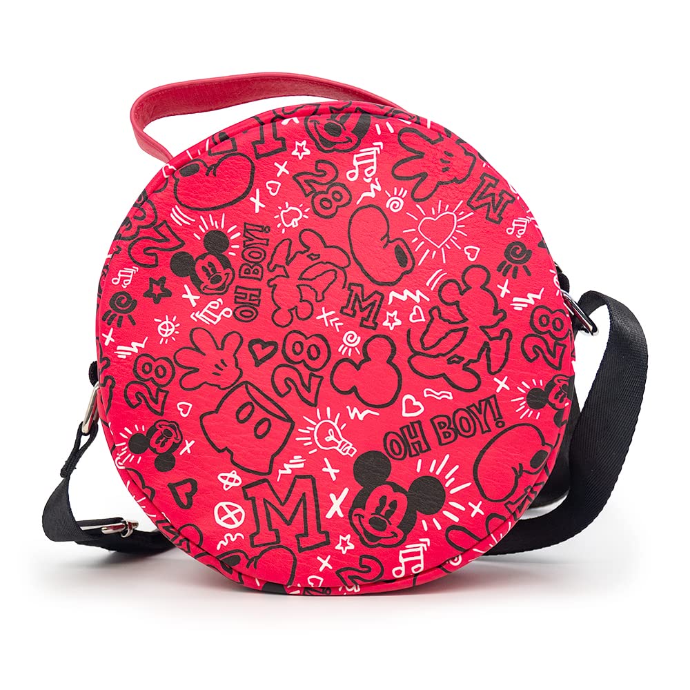 Disney Bag, Cross Body, Round, Mickey Mouse Icon Doodles Collage, Red Black White, Vegan Leather
