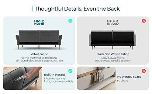 LINSY HOME Futon Sofa Bed, Velvet Sleeper Sofa with Mattress and Frame, Memory Foam Futon Couch for Small Spaces, Living Room, Dark Grey