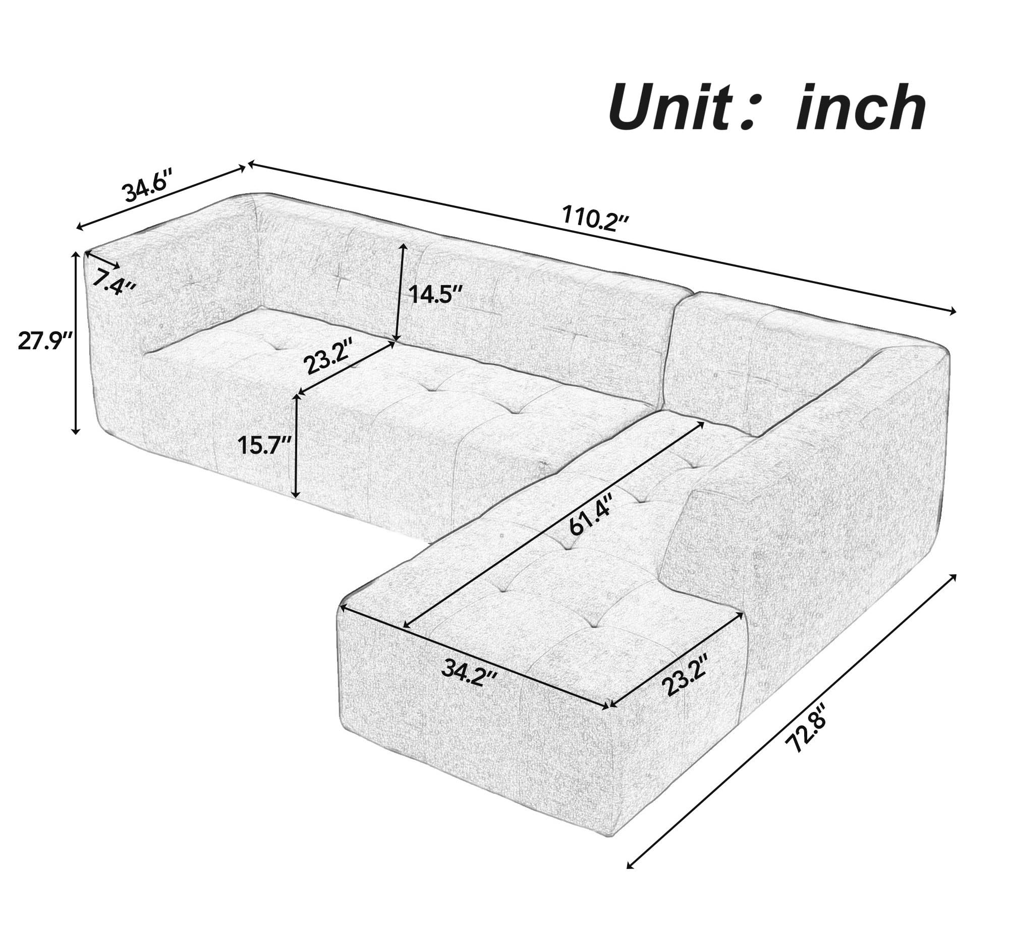 GoDoco L-Shape Modular High Density Foam Sponge Floor Sofa Couch, Upholstered Cloud Couch with Recliner、 Sectional Corner Sofa with Flexible Combinations (Dark Grey+Chenille, Style A)