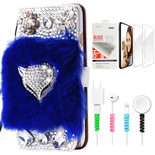 STENES Bling Wallet Luxury Phone Case Compatible with Samsung Galaxy Z Fold 5 5G - Stylish - 3D Handmade Luxury Fox Flowers Design Leather Cover with Screen Protector & Cable Protector - Blue